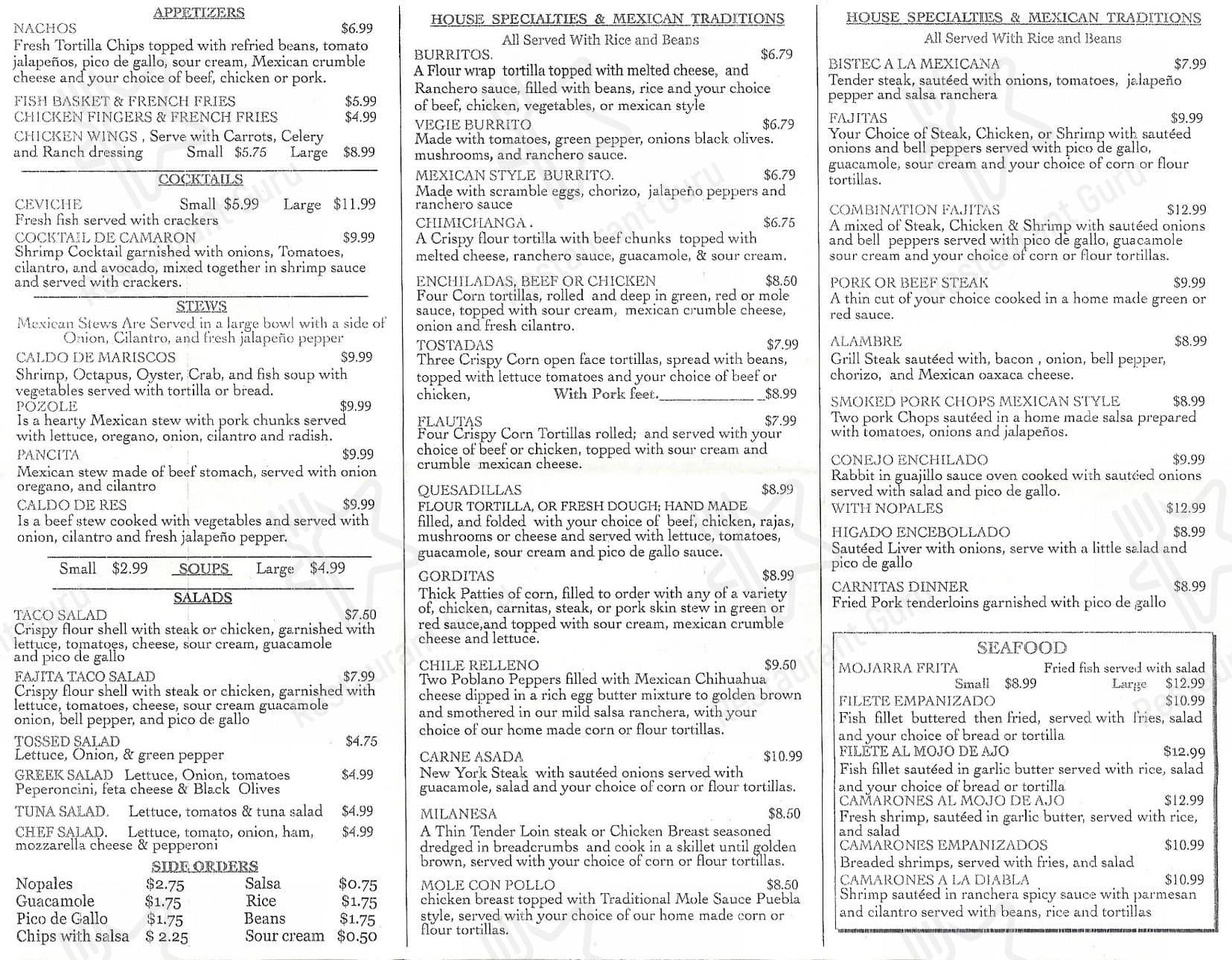 Menu at Guerrero's Bakery and Mexican Restaurant, Sarasota