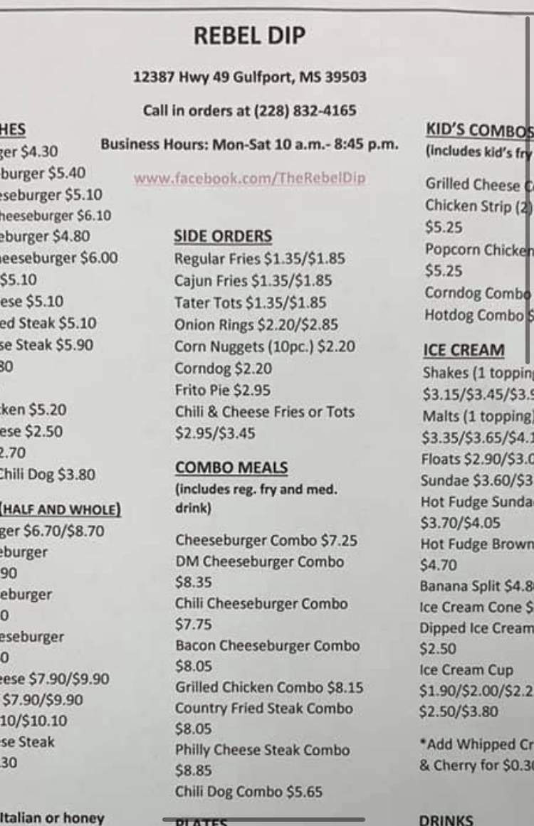 Menu at Rebel Dip restaurant, Gulfport
