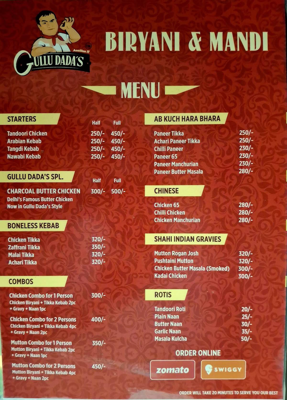 Menu at Gullu Dada's Biryani, Hyderabad, 8-1-299/94/1