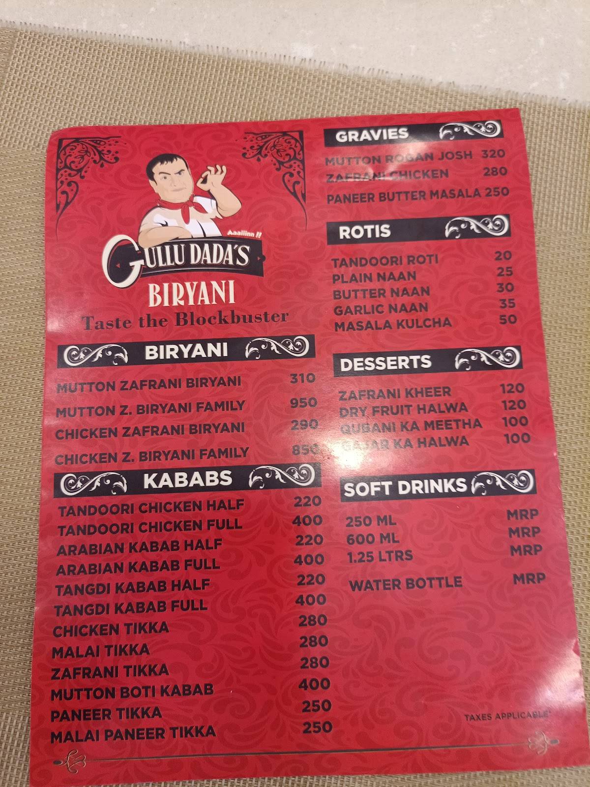 Menu at Gullu Dada's Biryani, Hyderabad, 8-1-299/94/1