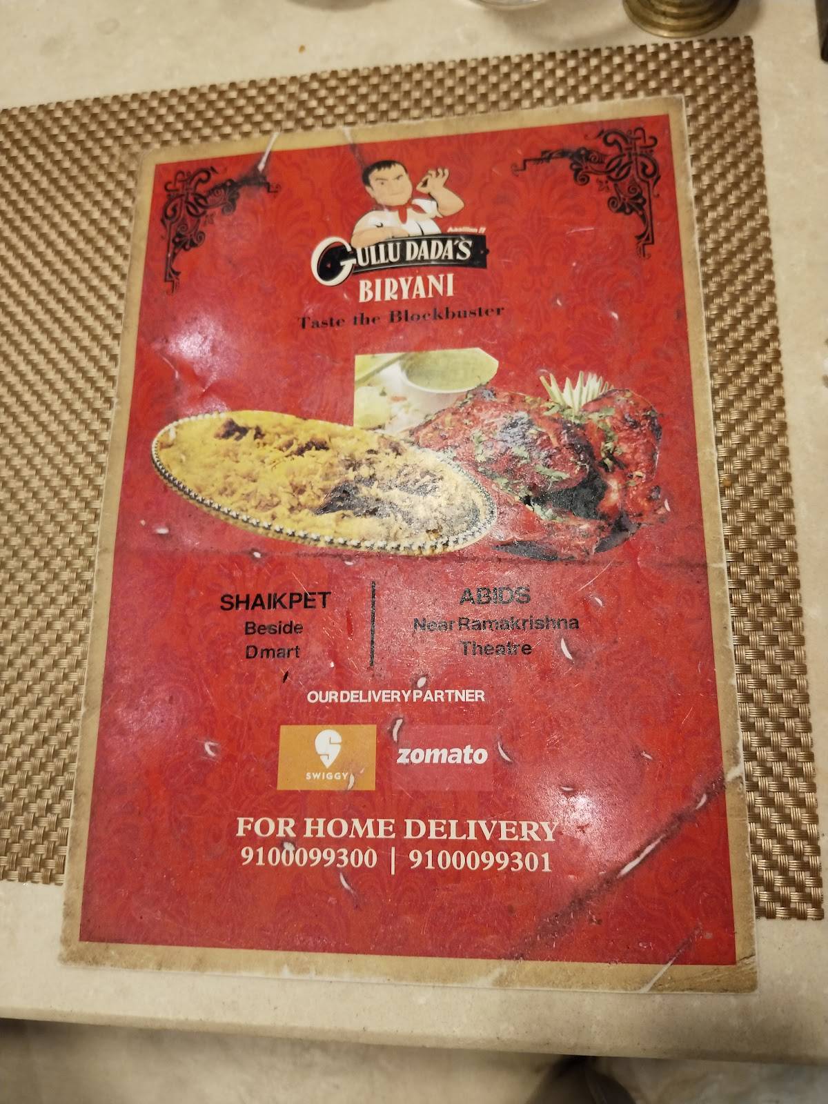 Menu at Gullu Dada's Biryani, Hyderabad, 8-1-299/94/1