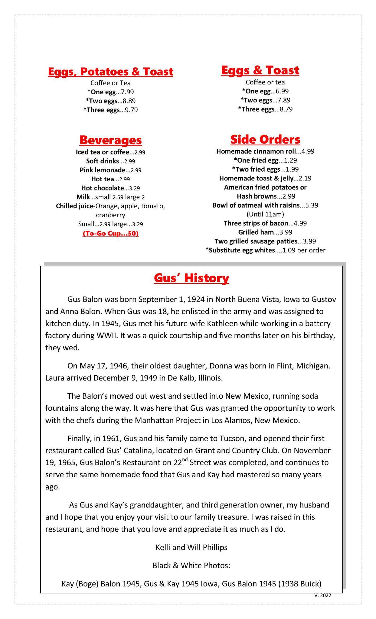 Menu at Gus Balon's Restaurant, Tucson