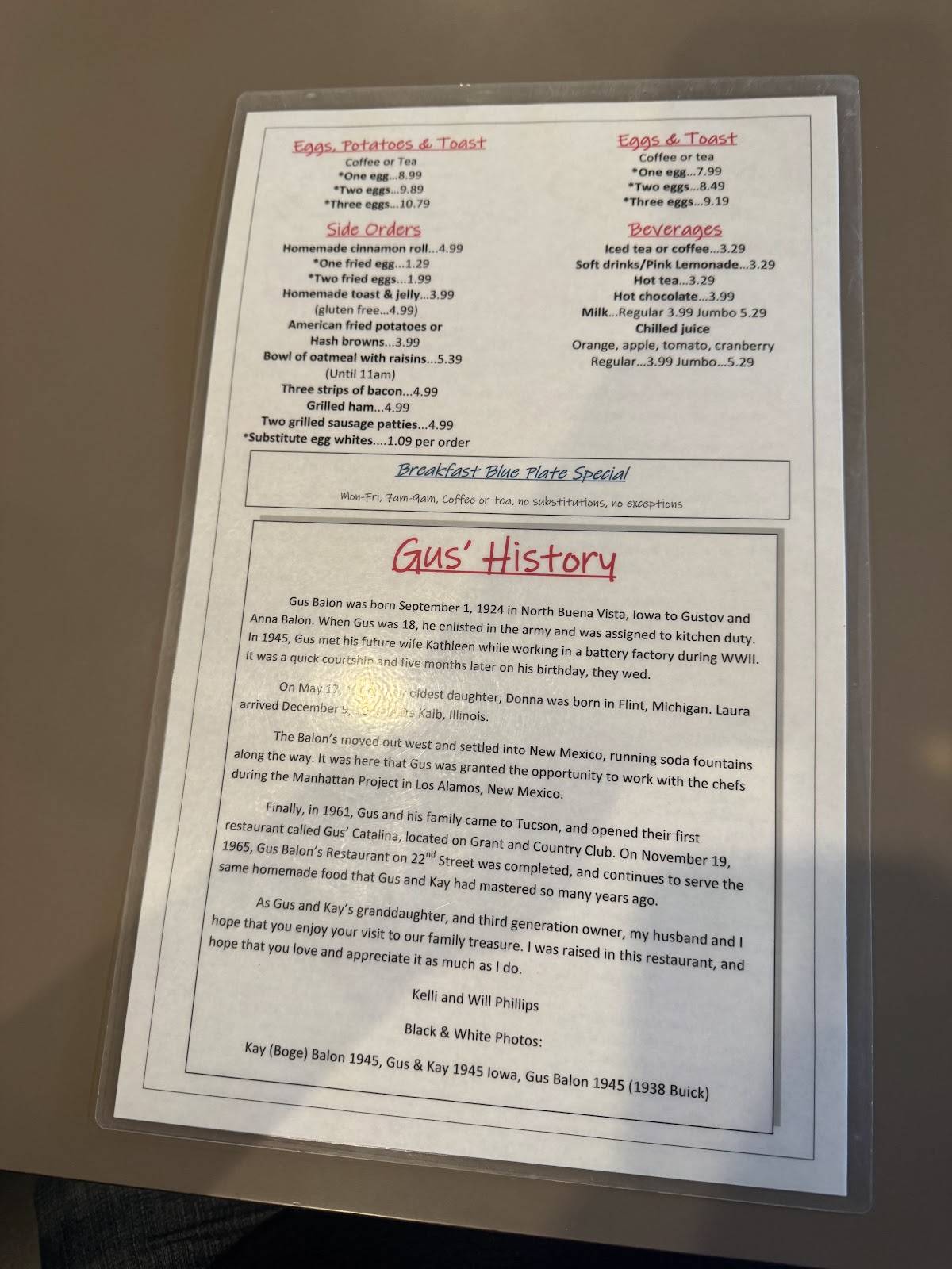 Menu at Gus Balon's Restaurant, Tucson