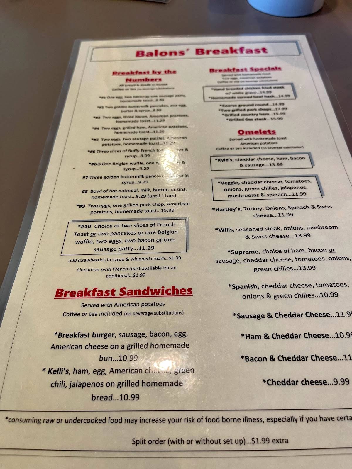 Menu at Gus Balon's Restaurant, Tucson