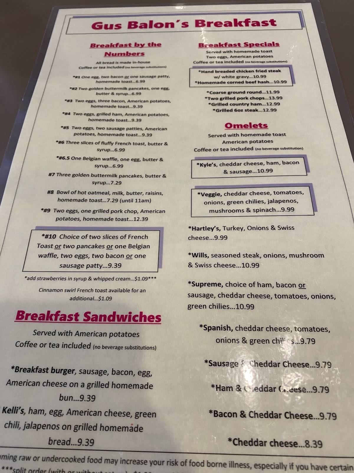 Menu at Gus Balon's Restaurant, Tucson