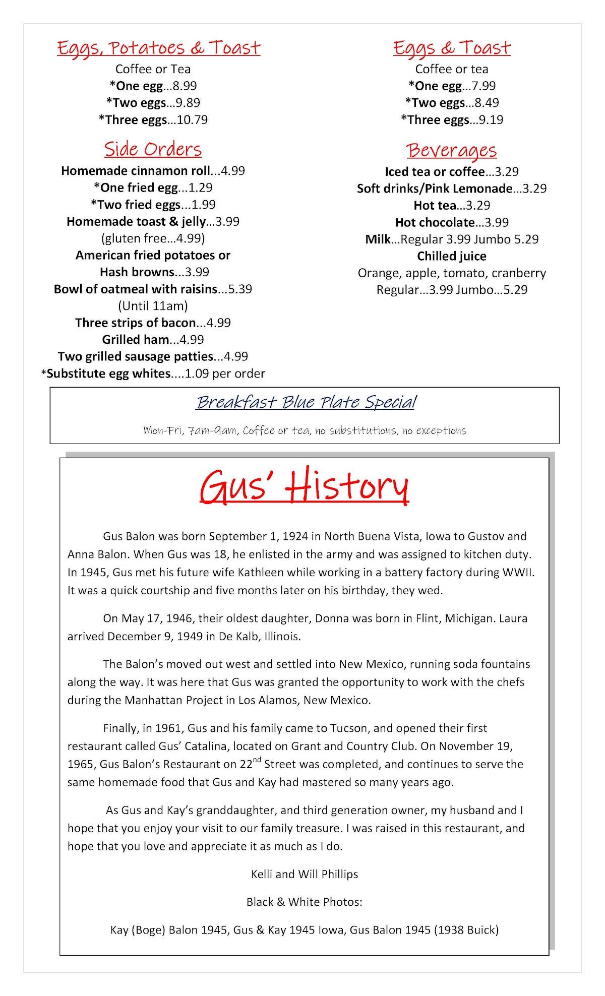 Menu at Gus Balon's Restaurant, Tucson