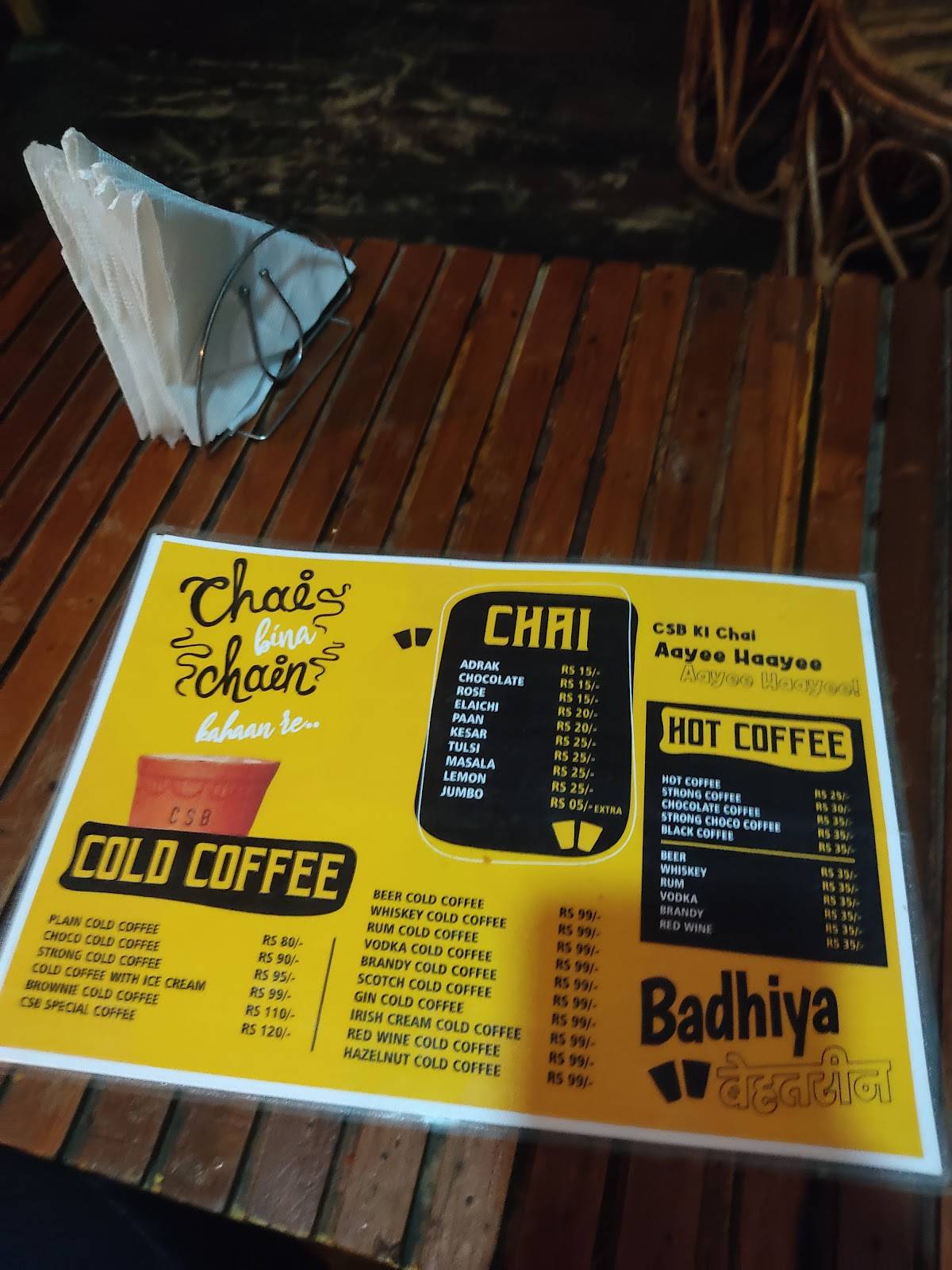 Menu at Chai Sutta Bar, Guwahati