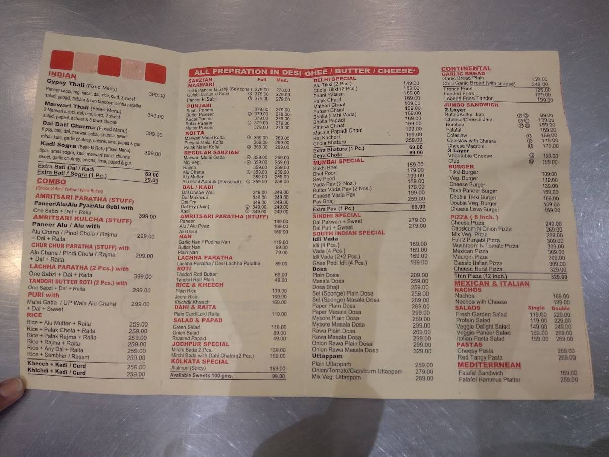 Menu at Gypsy Vegetarian Restaurant, Jodhpur, P No