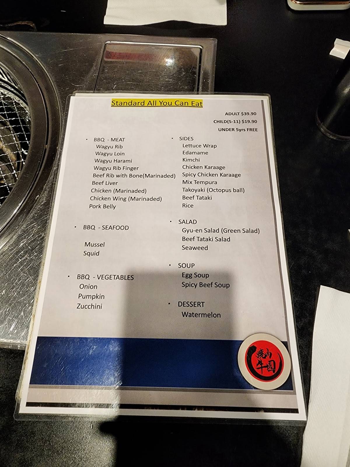 Menu at Gyu-en restaurant, Perth