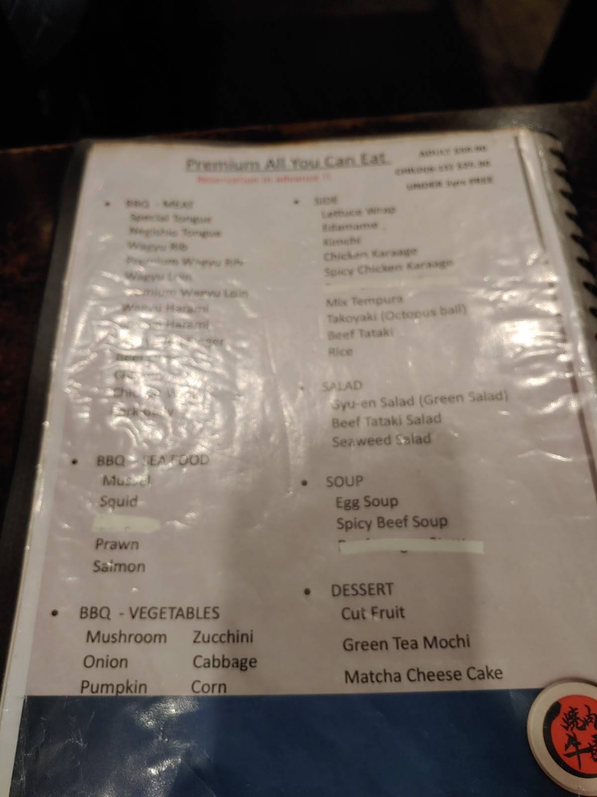 Menu at Gyu-en restaurant, Perth