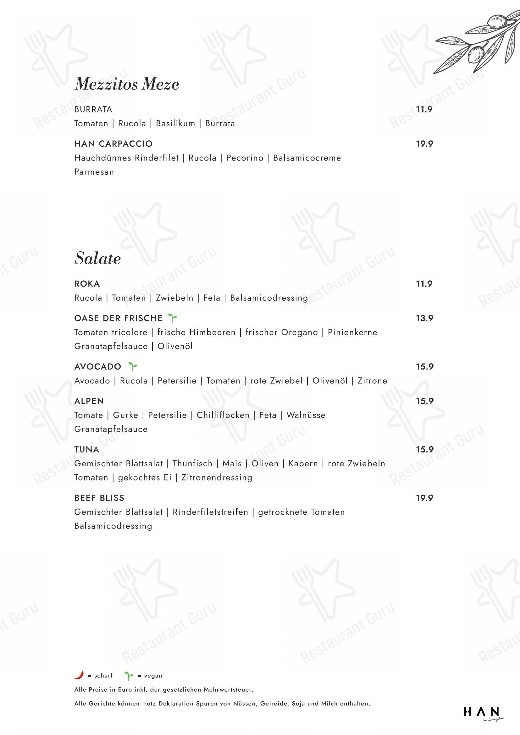 Speisekarte von HAN Restaurant, Café & Bar, München