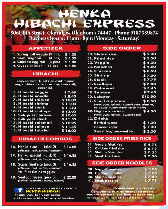 Menu at HENKA Hibachi & Sushi Express restaurant, Okmulgee