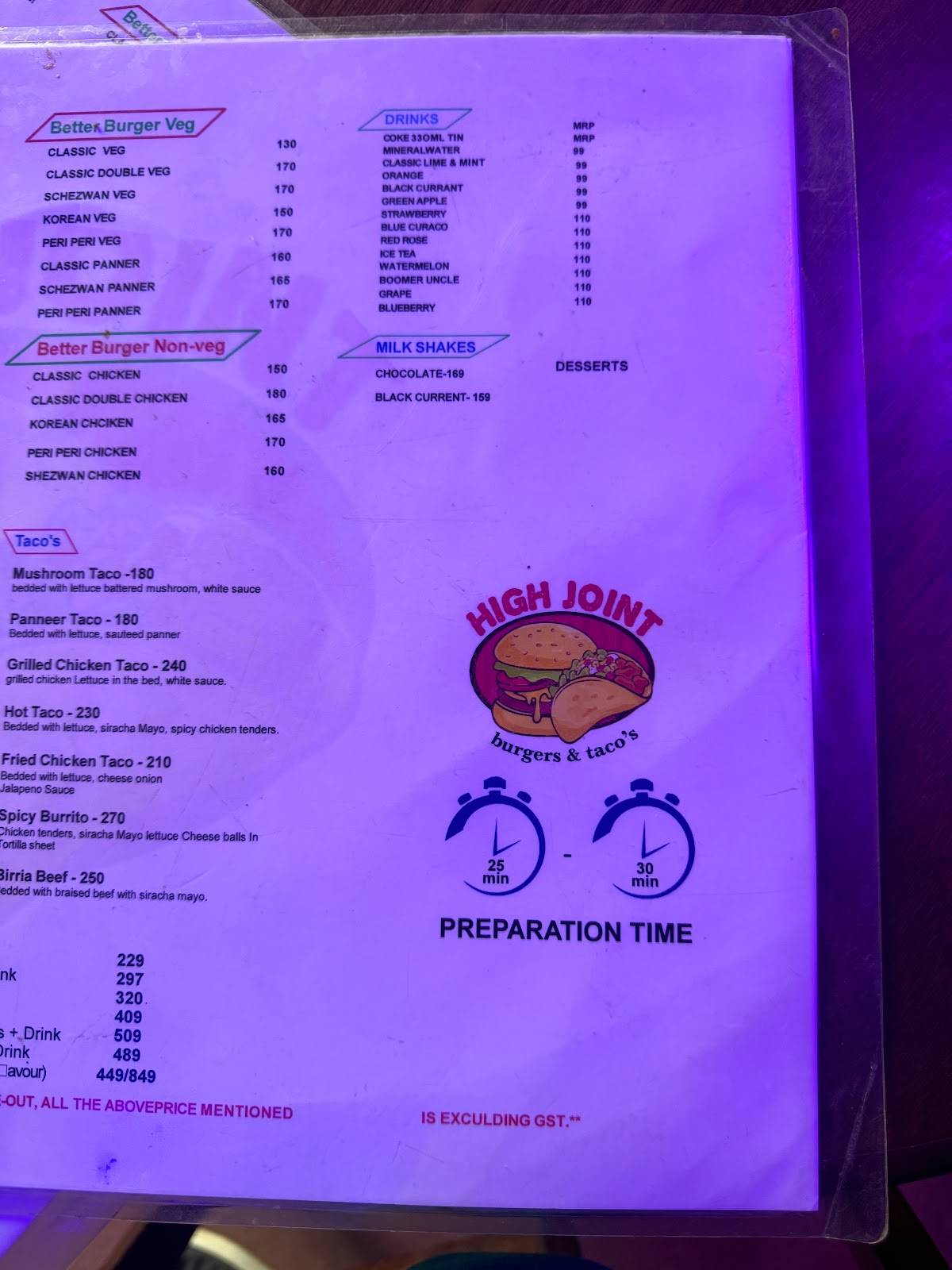 Menu at HIGH JOINT Burger's & Taco's - Ambattur, Chennai