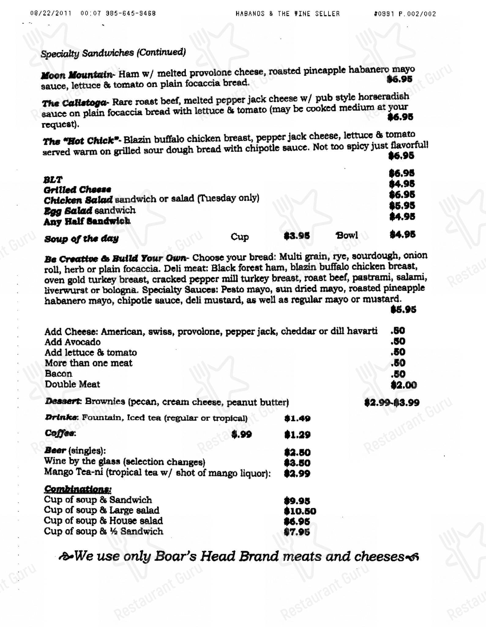Menu at Habanos & The Wine Seller pub & bar, Slidell