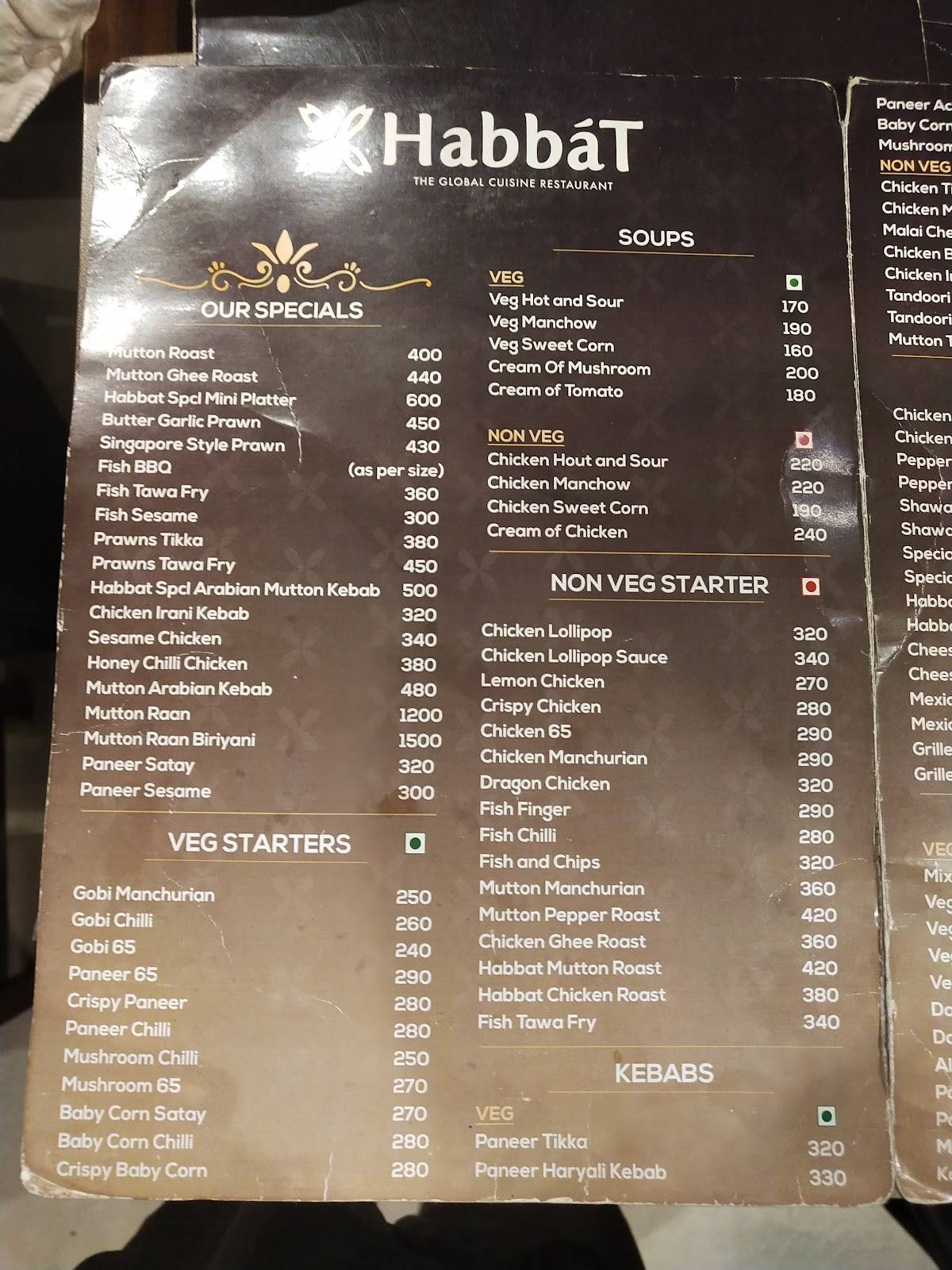 Menu at Habbat Global cuisine restaurant, Chennai