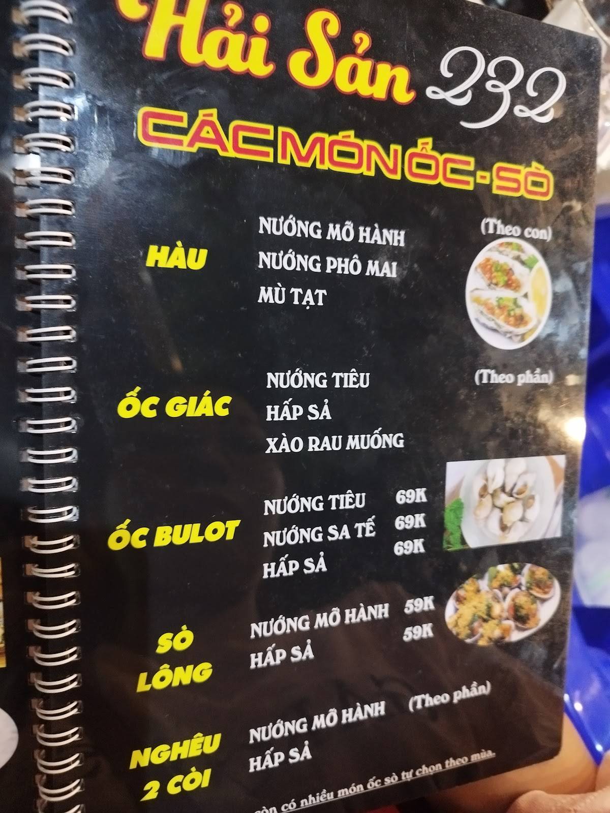 Menu at Hải sản 232, Ho Chi Minh City