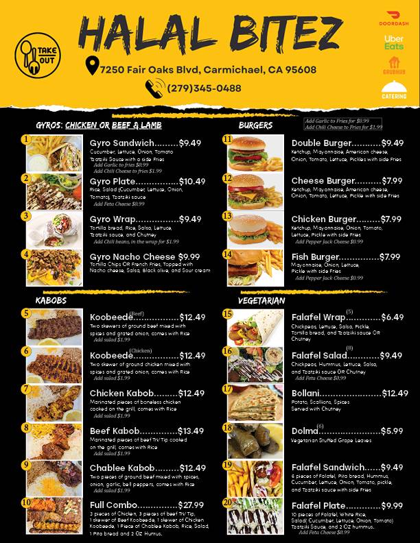 Menu at Halal Bitez Gyro & kabob restaurant, Carmichael