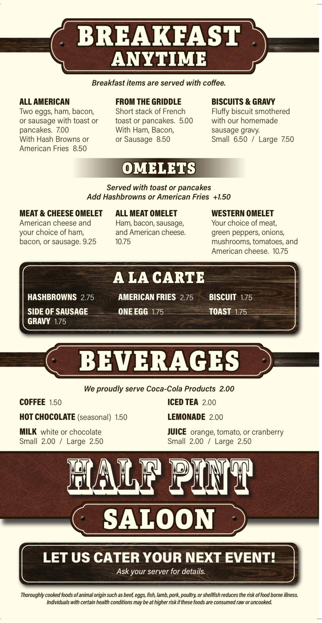 Menu at Half Pint Saloon restaurant, Waterloo