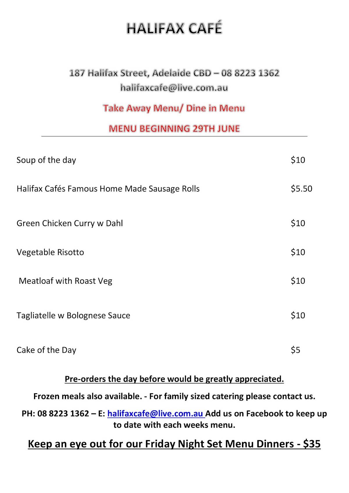 Menu at Halifax Café fast food, Adelaide