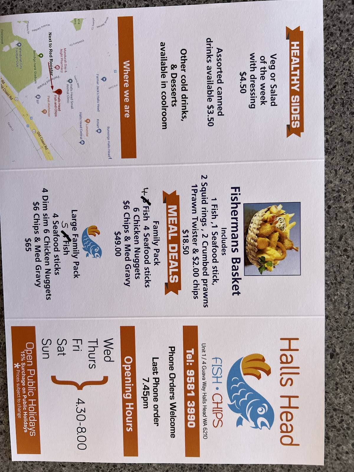 Menu at Halls Head Fish and Chips restaurant, South Yunderup