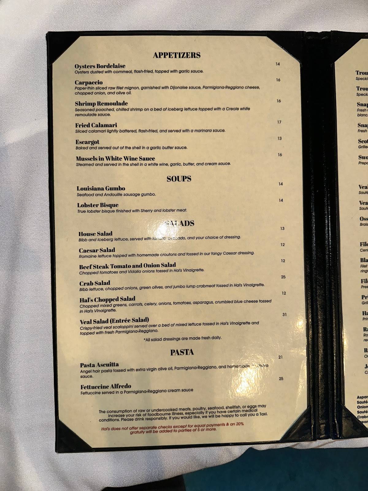 Menu at Hal's "The Steakhouse", Atlanta