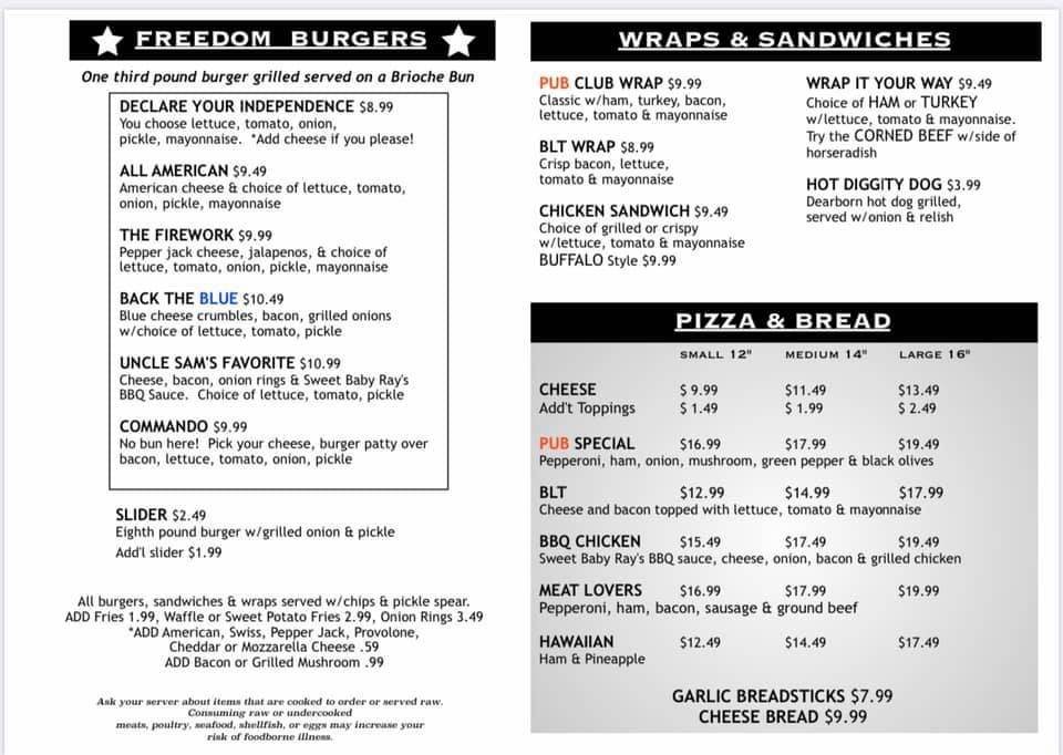 Menu at Hamburg Pub, Whitmore Lake, Hamburg Rd