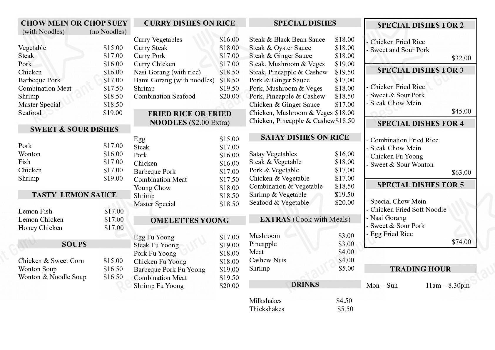 Menu at East Star Takeaways fast food, Hamilton