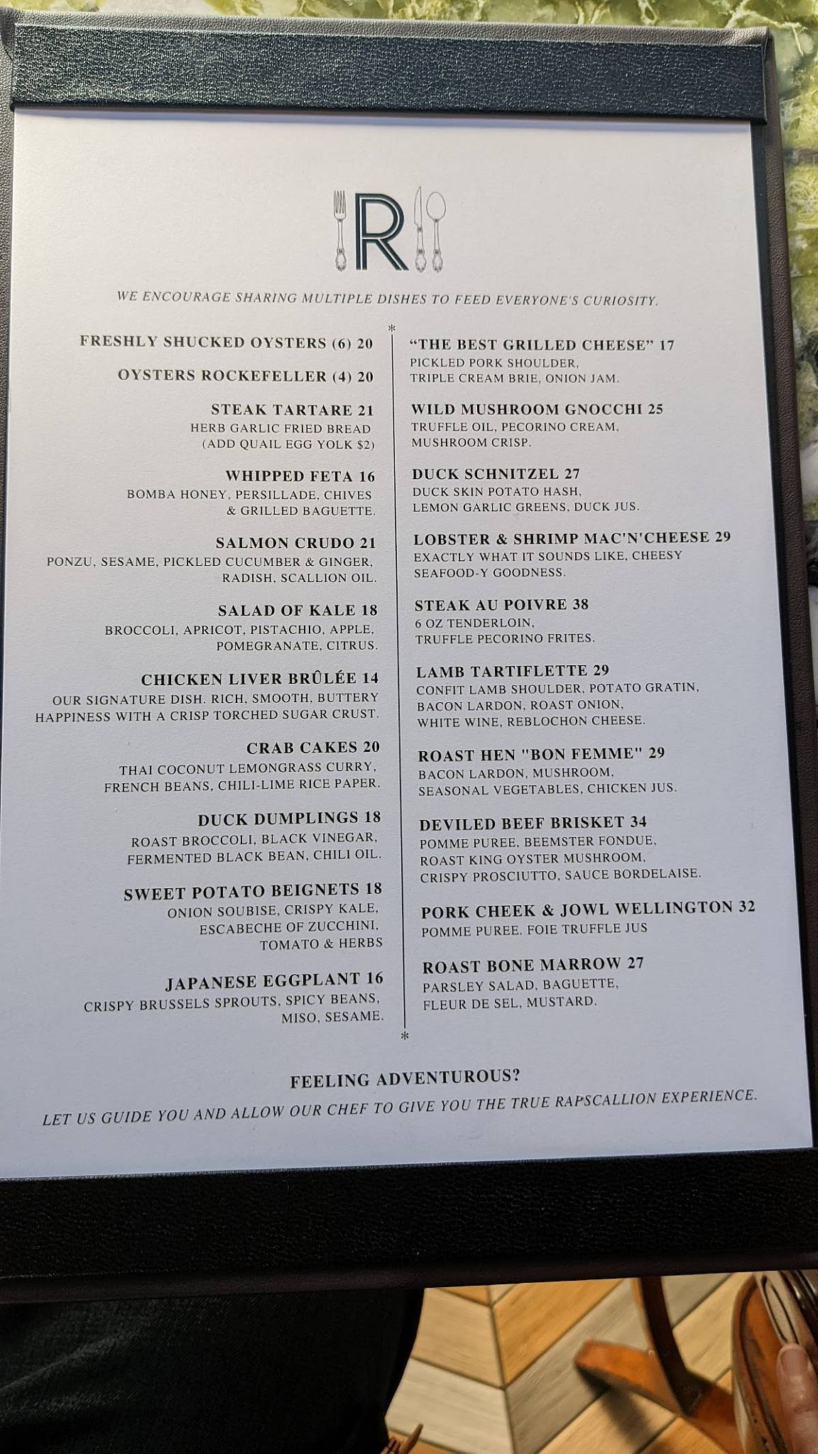 Menu at Rapscallion and Co. restaurant, Hamilton
