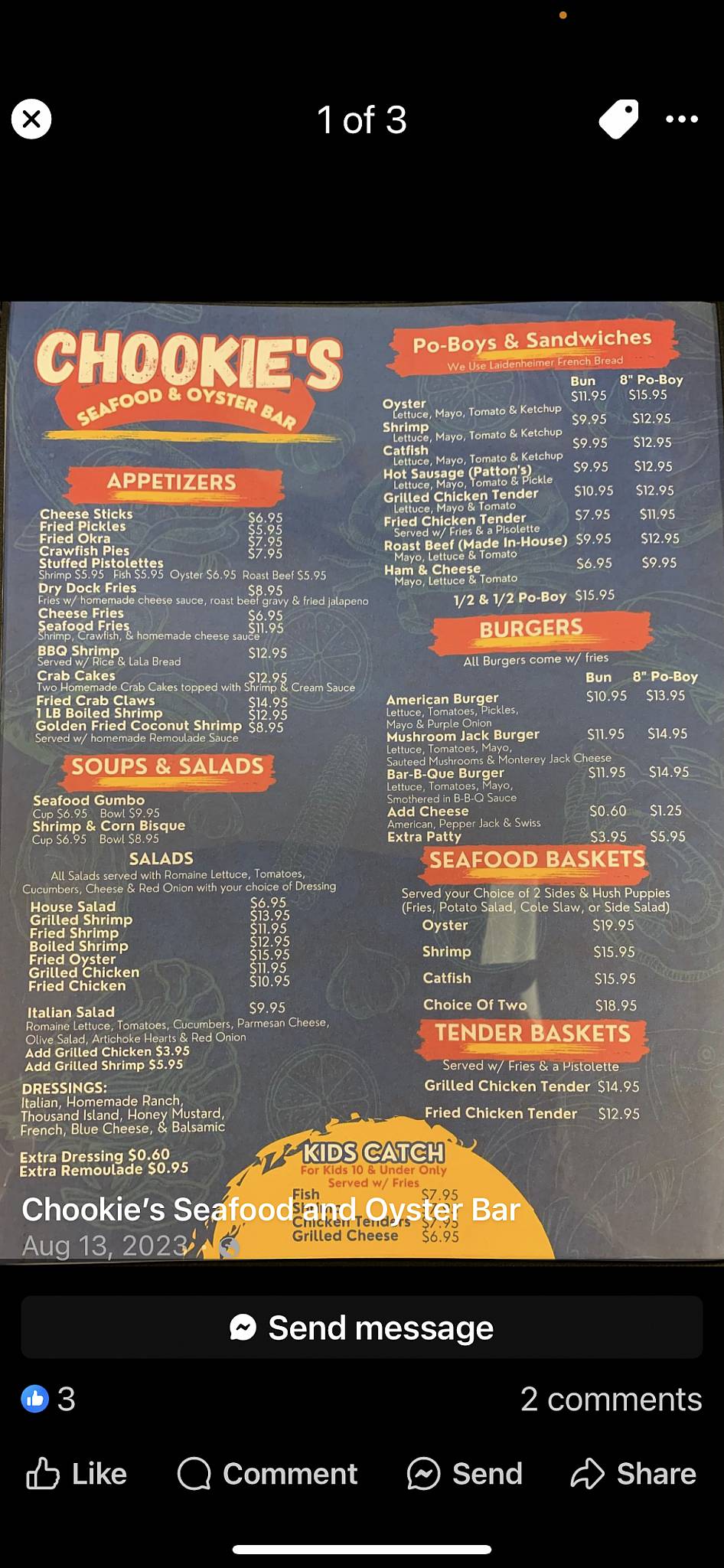 Menu at Chookies Seafood and Oyster Bar, Hammond, University Park Dr