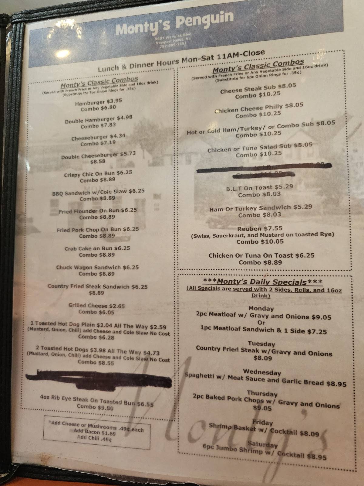 Menu at Monty's Penguin restaurant, Newport News