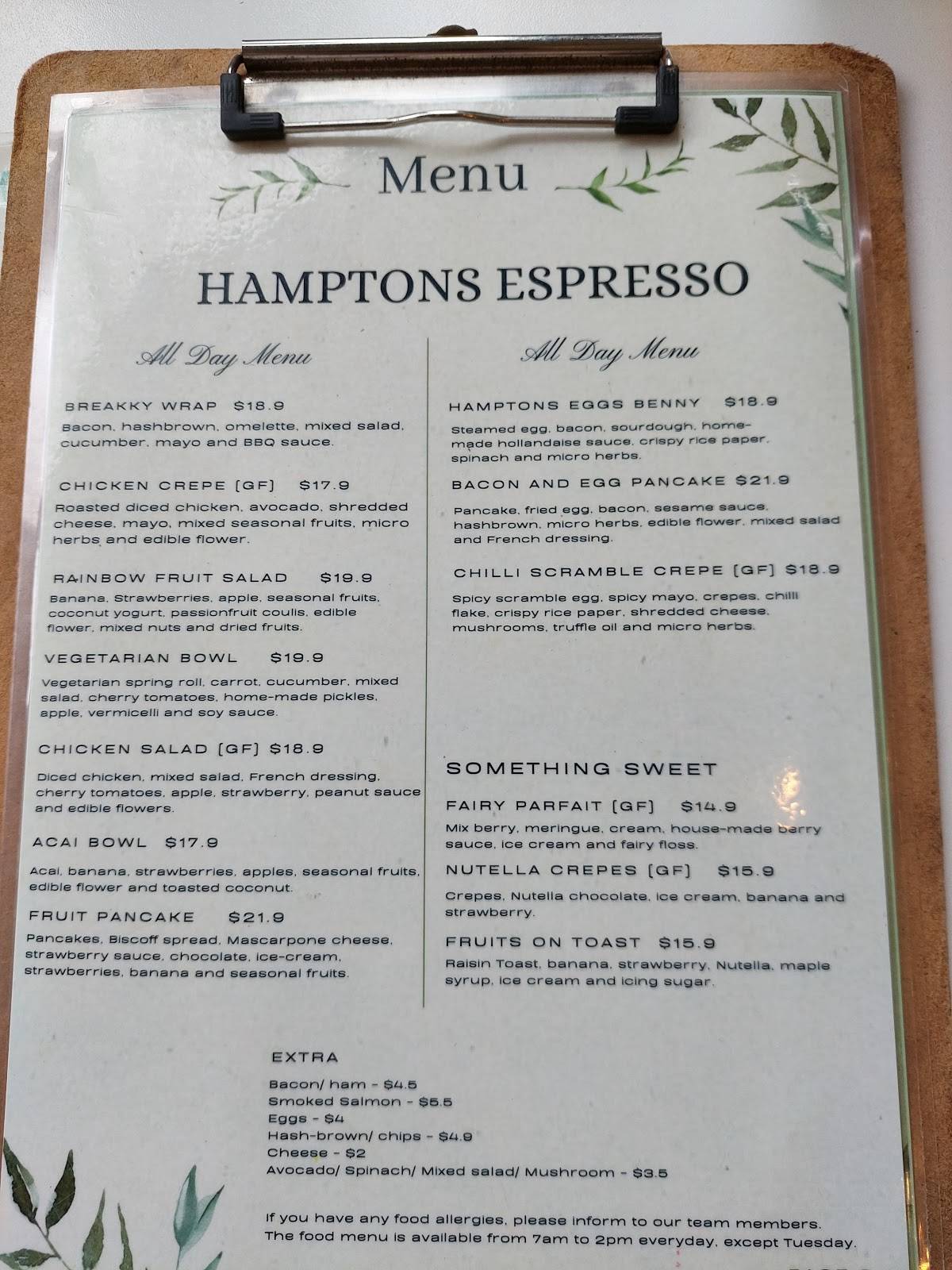 Menu at Hamptons Espresso cafe, Buderim
