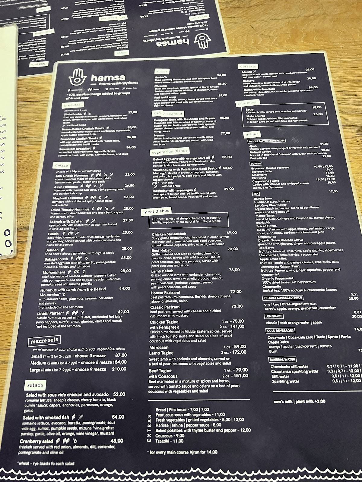 Menu at Hamsa restaurant, Kraków