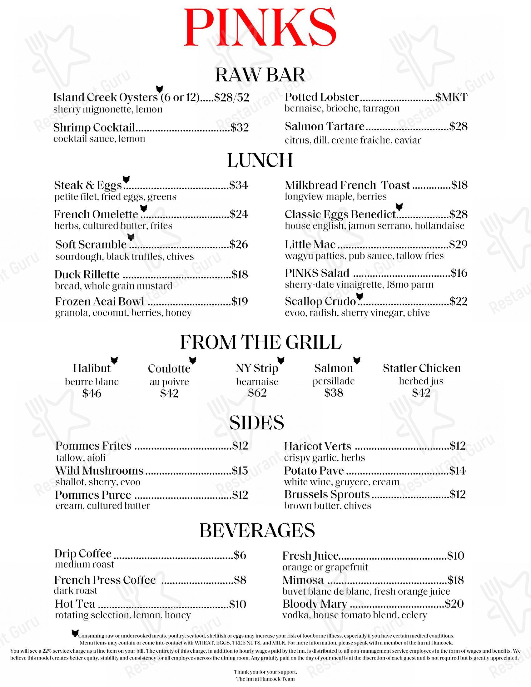 Menu at Hancock Inn restaurant, Hancock, 33 Main St
