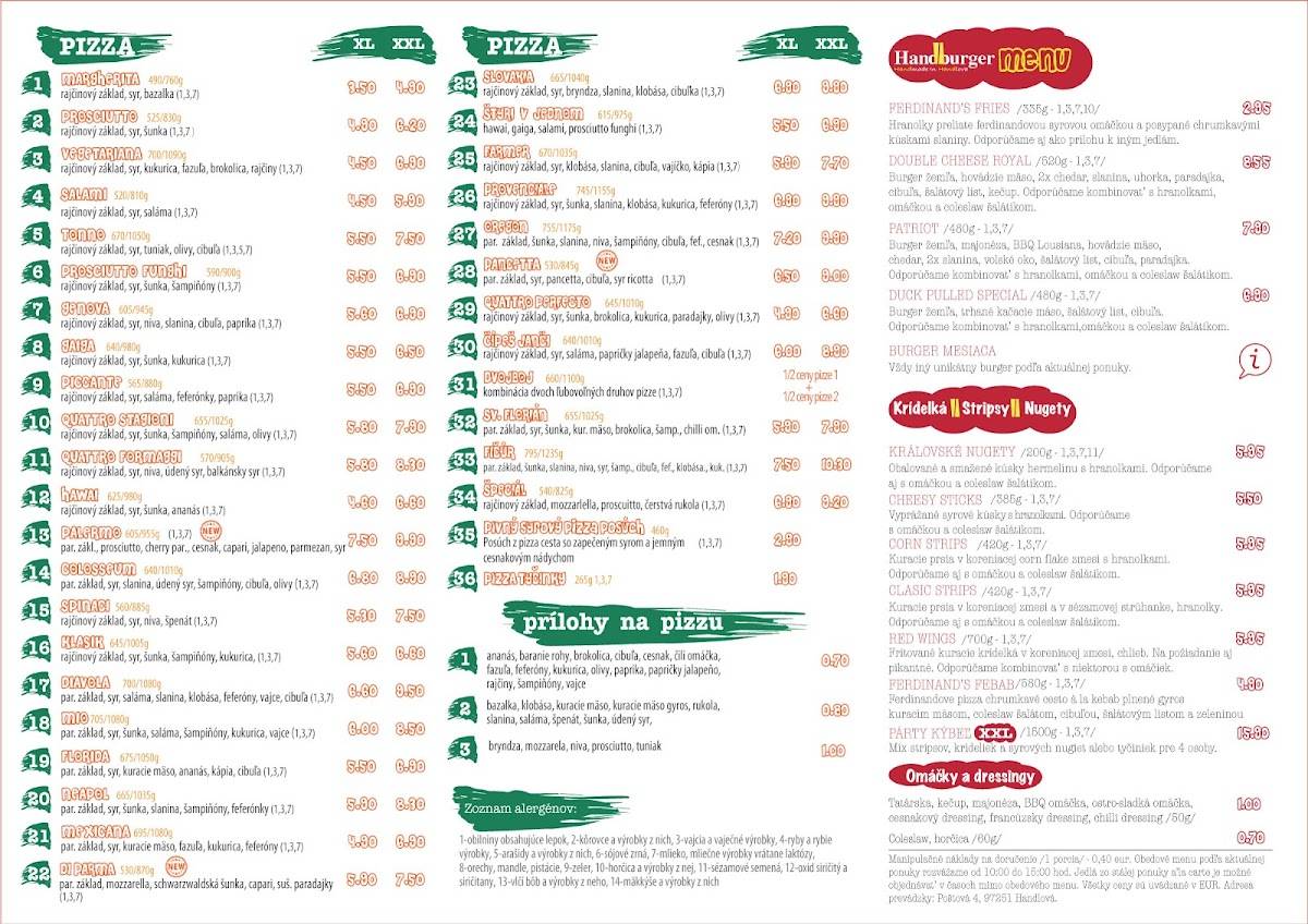 Speisekarte von Ferdinand Pub & Restaurant, Handlová