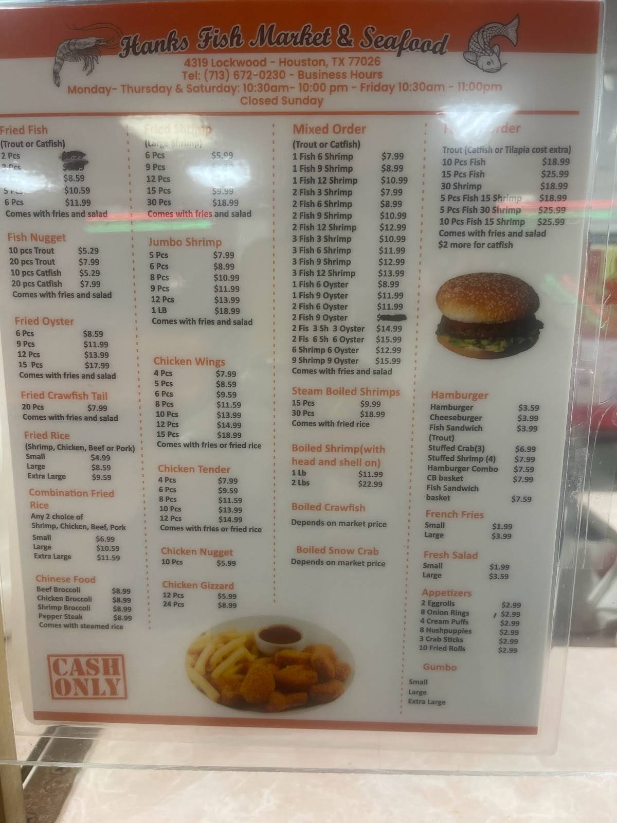 Menu at Hank's Fish Market restaurant, Houston
