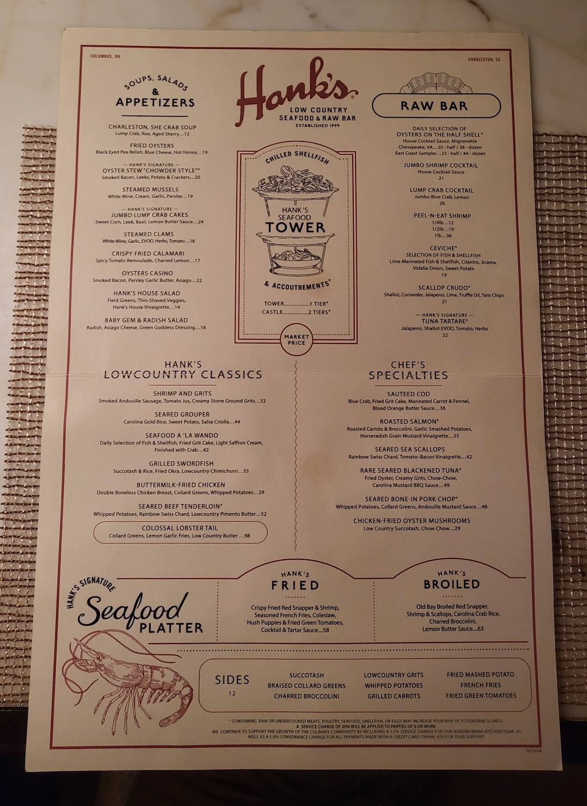 Menu at Hank's Low Country Seafood & Raw Bar, Columbus