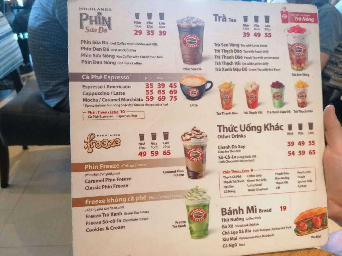 Menu at Highlands Coffee restaurant, Hanoi, 129 Đ. Lê Duẩn