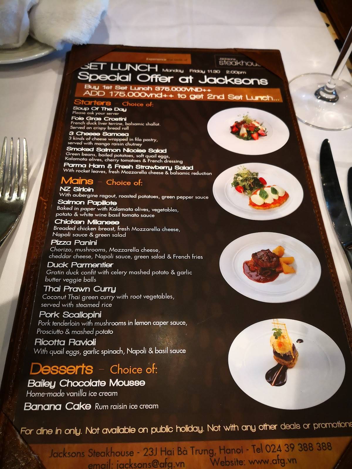 Menu at Jacksons Steakhouse, Hanoi