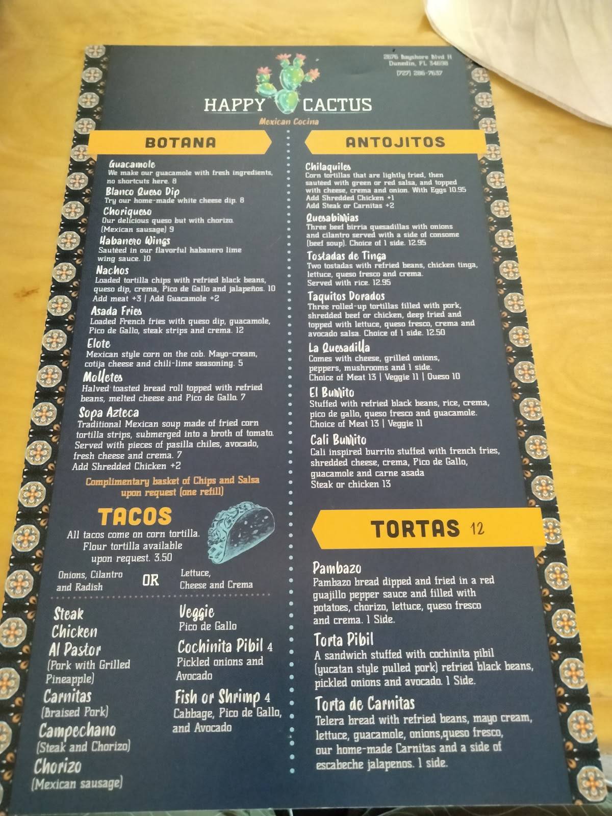 Menu at Happy Cactus Mexican Cocina restaurant, Dunedin