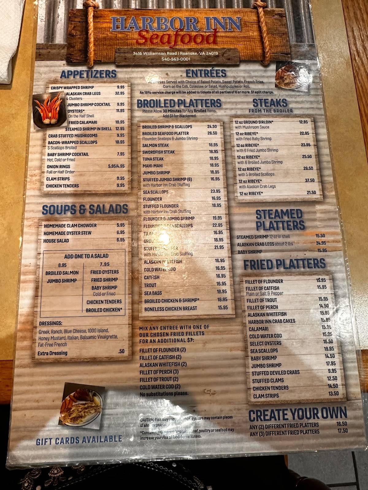 Menu at Harbor Inn Seafood restaurant, Roanoke