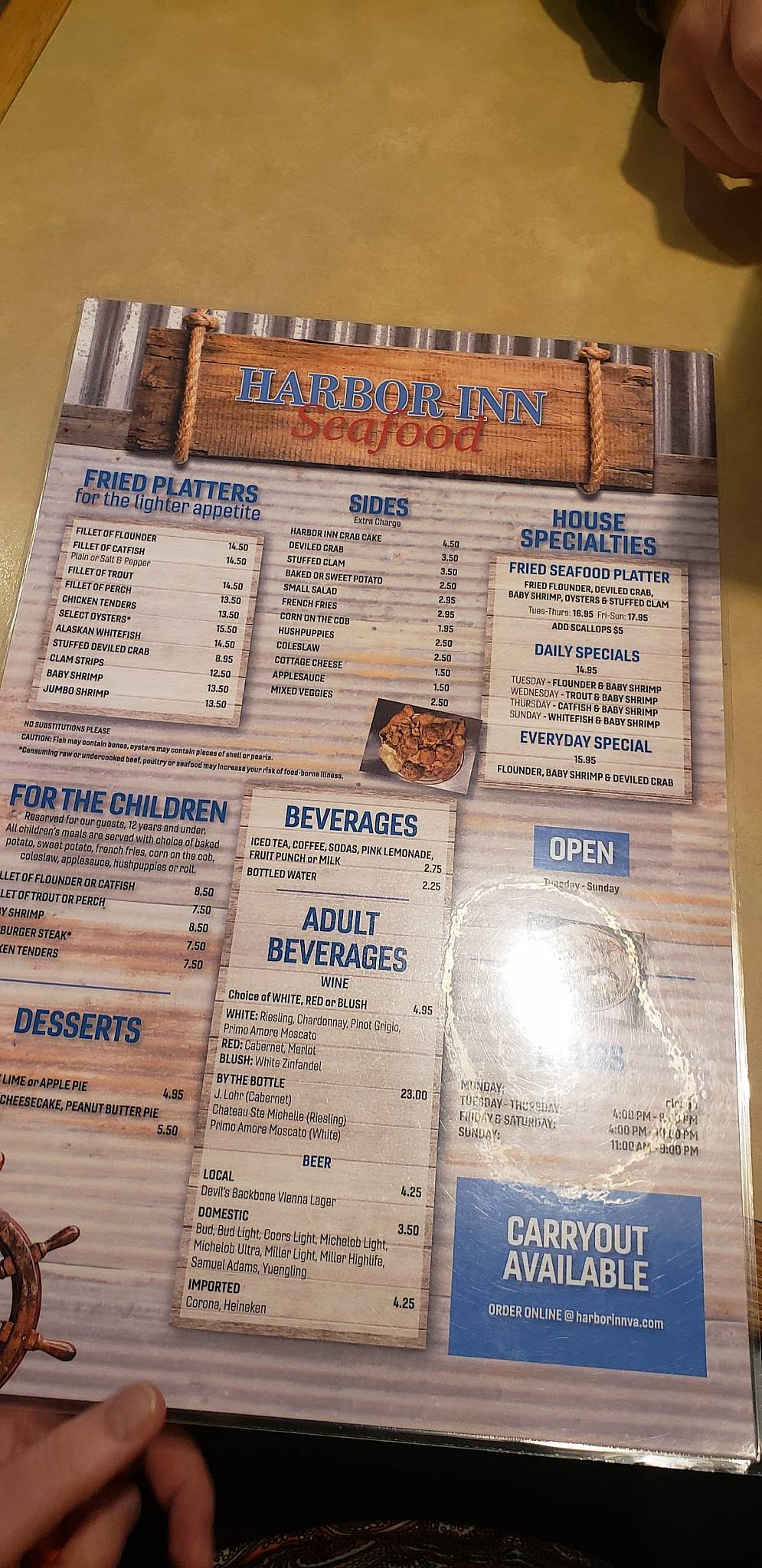 Menu at Harbor Inn Seafood restaurant, Roanoke