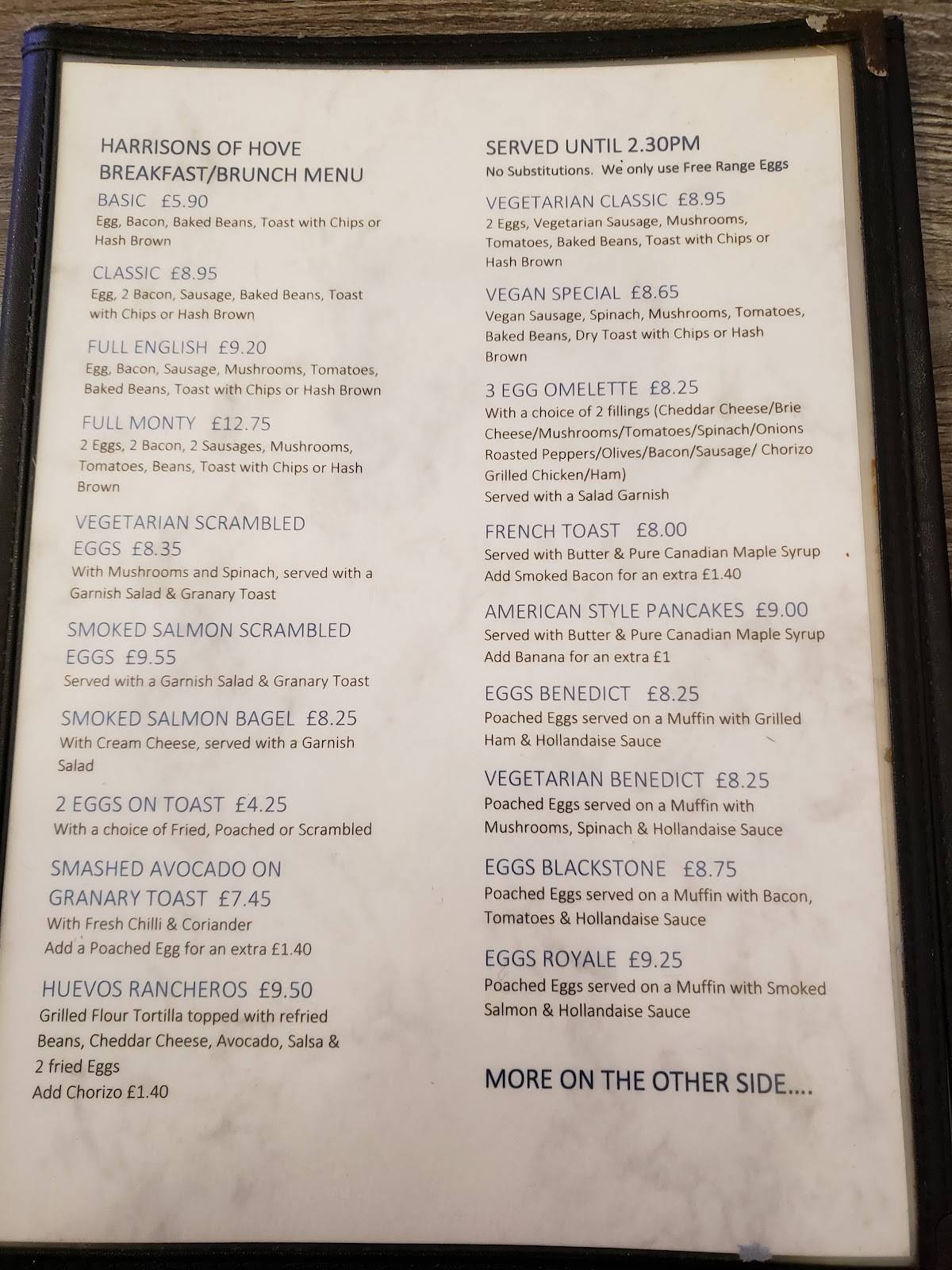 Menu at Harrisons of Hove restaurant, Hove