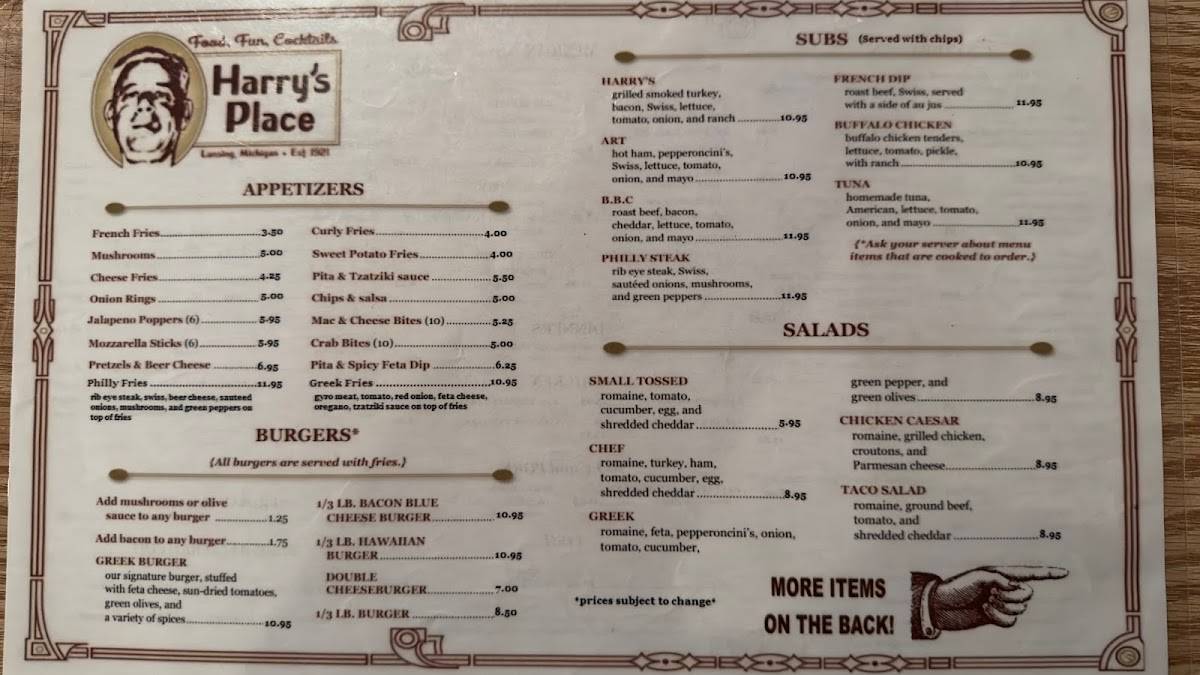 Menu at Harry's Place pub & bar, Lansing