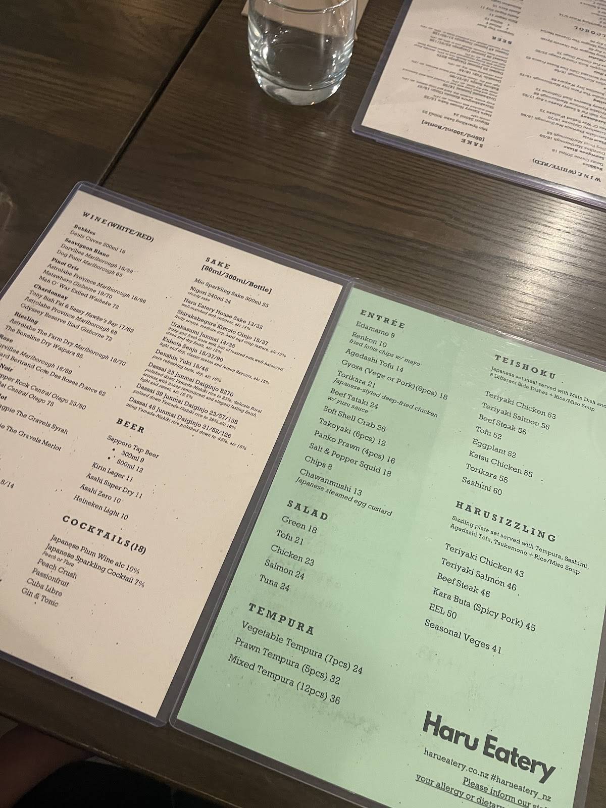 Menu at Haru Eatery restaurant, Auckland