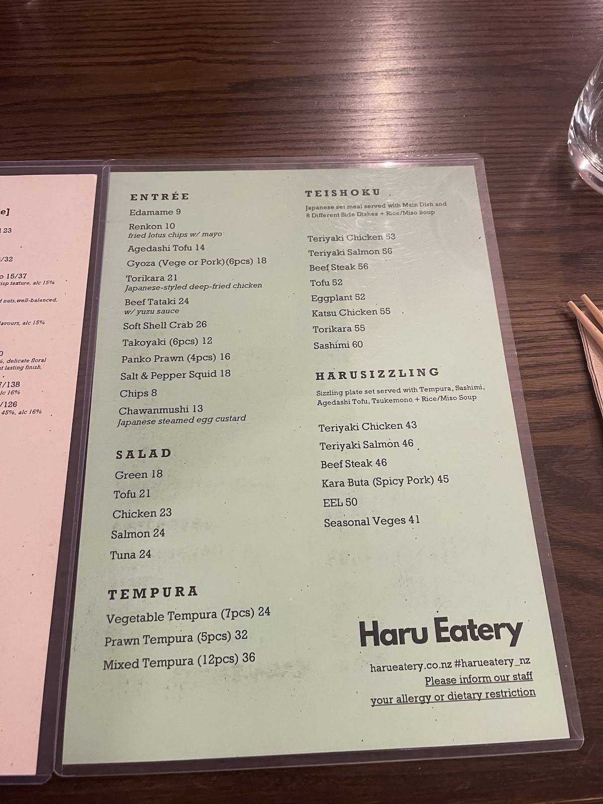 Menu at Haru Eatery restaurant, Auckland