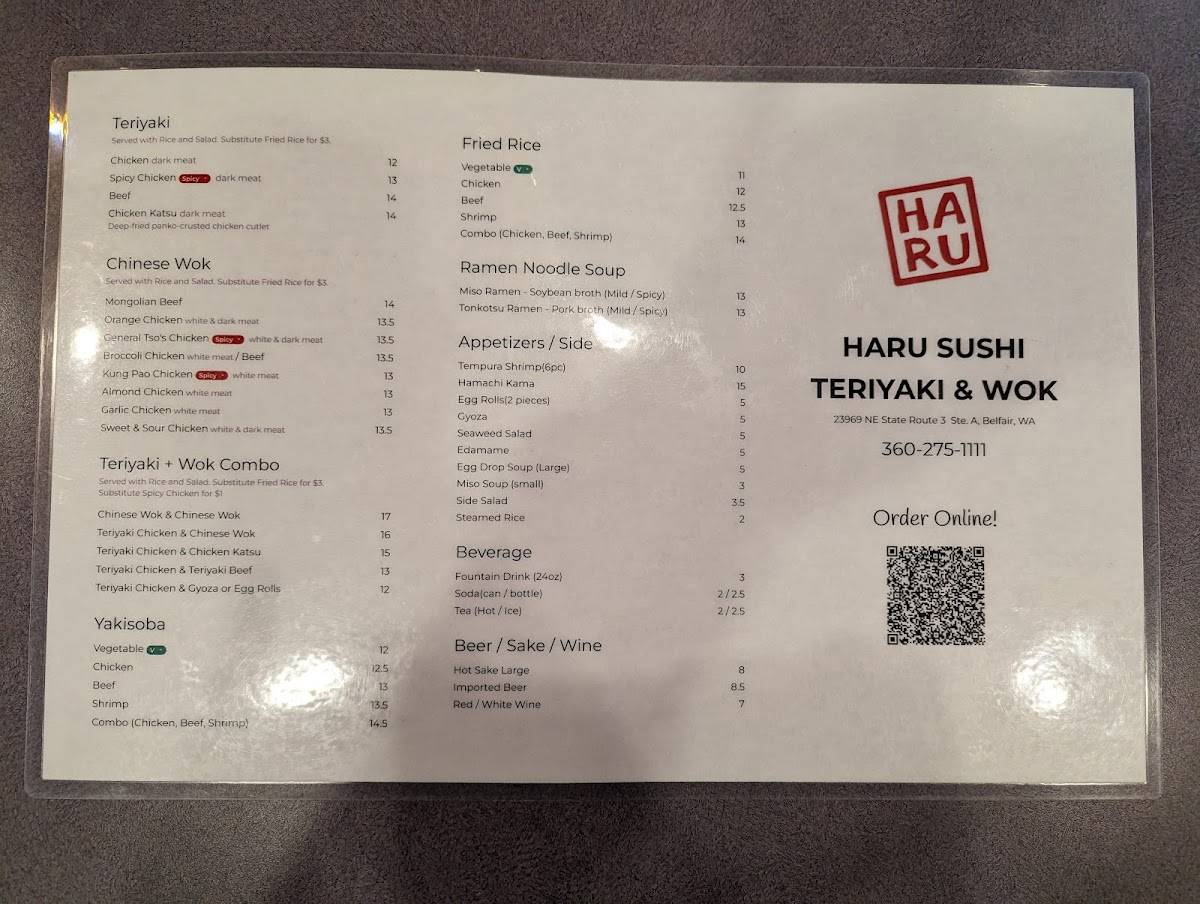 Menu at Haru Sushi Teriyaki & Wok restaurant, Belfair