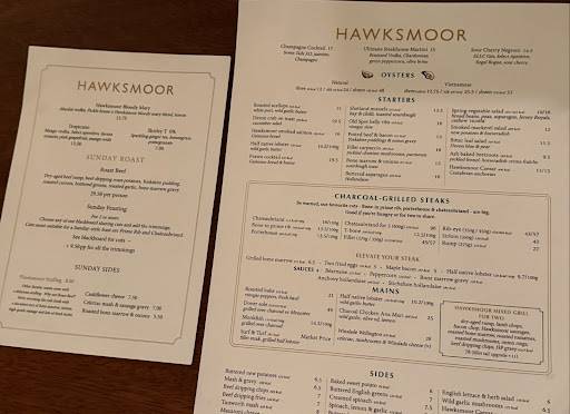 Menu at Hawksmoor Knightsbridge steakhouse, London