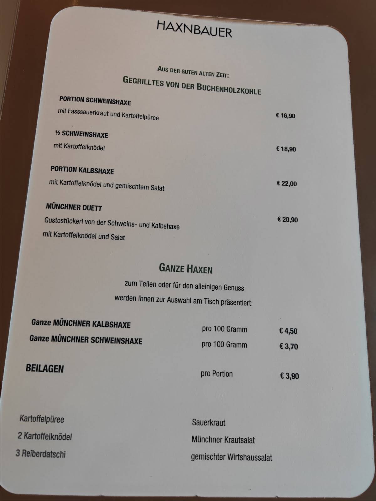 Menu at Haxnbauer restaurant, Munich