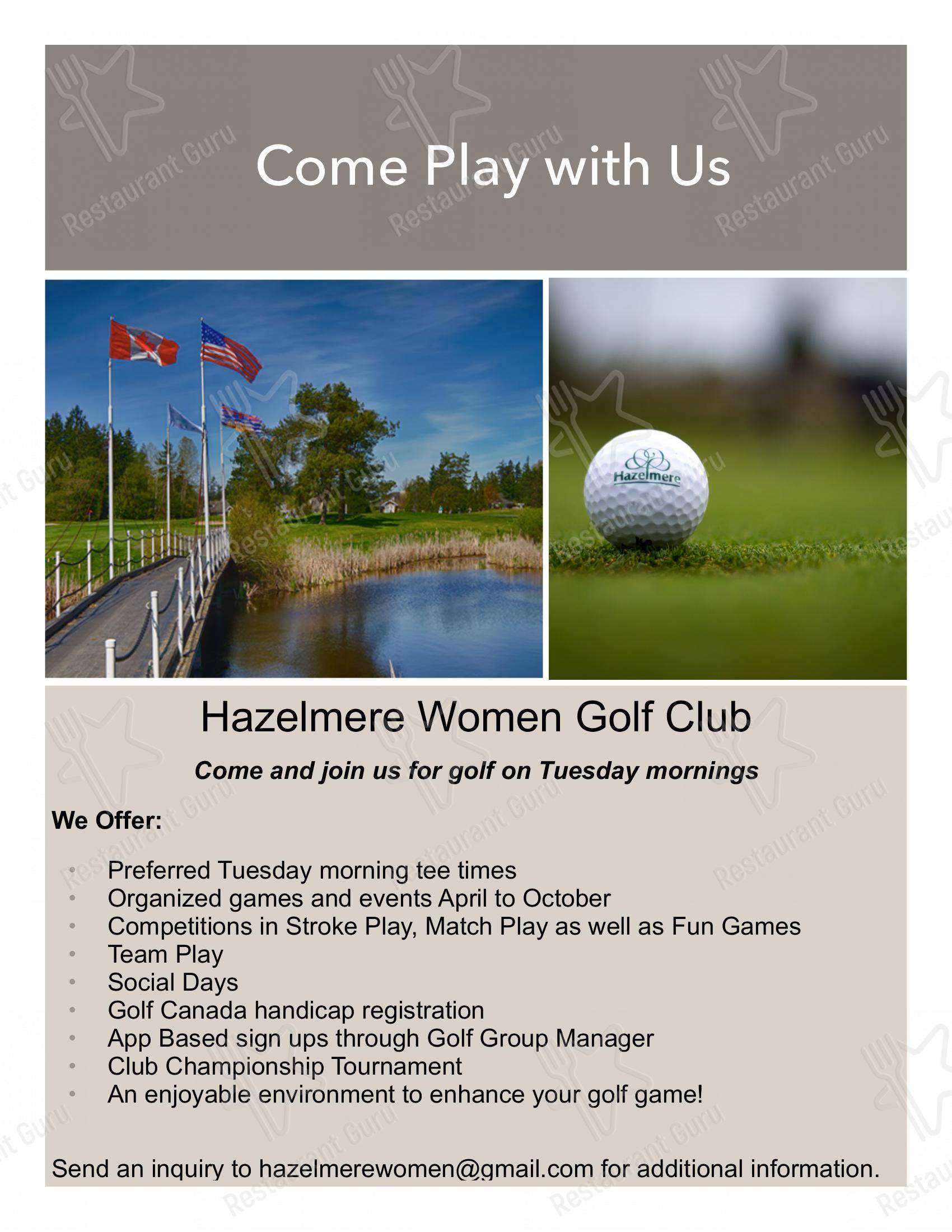 Menu au Hazelmere Golf & Tennis Club, Surrey