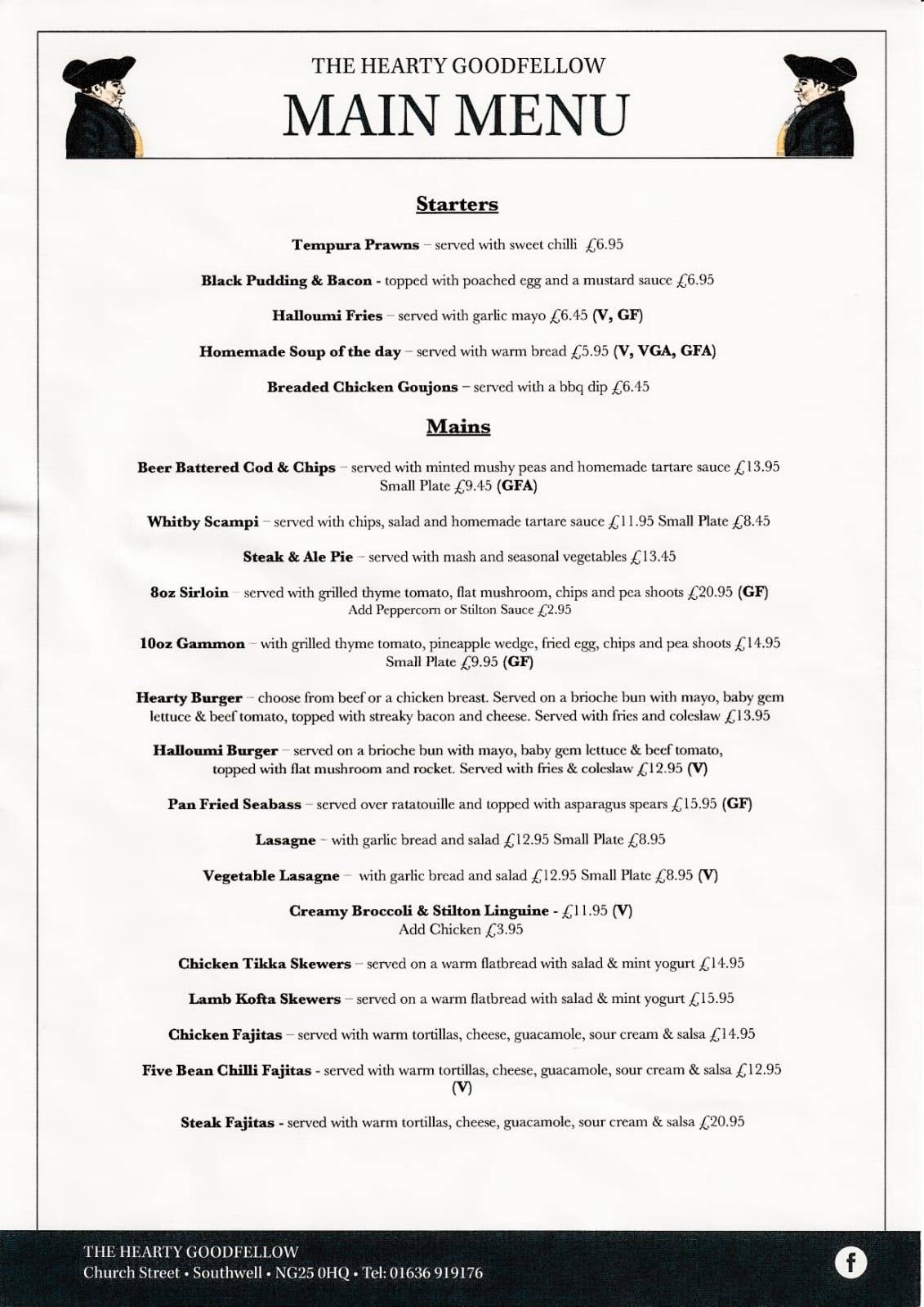 Menu at Hearty Goodfellow pub & bar, Southwell, 81 Church St